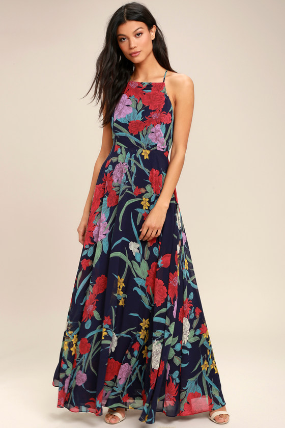 Lovely Navy Blue Dress Floral Print Dress Maxi Dress Lulus
