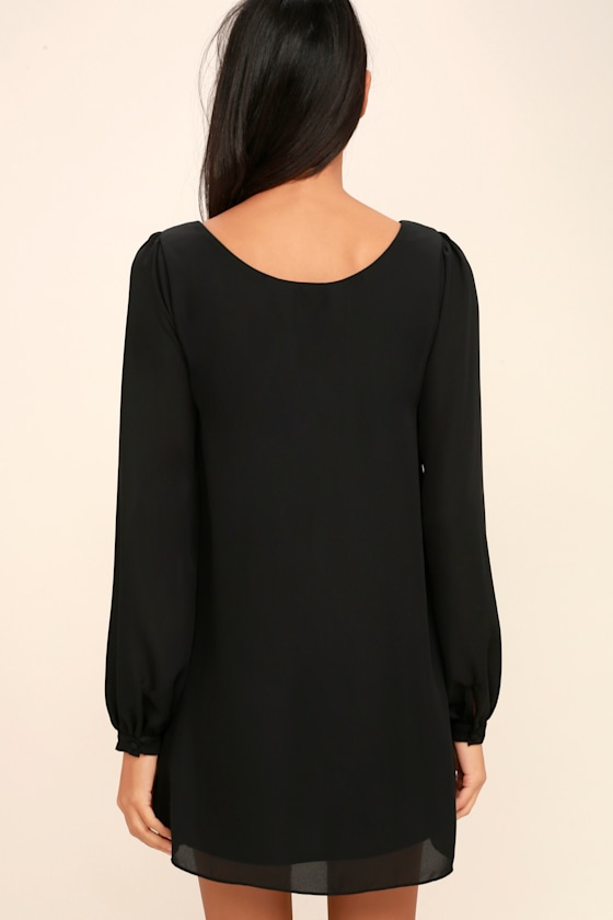 Pretty Black Dress - Shift Dress - Long Sleeve Dress - $42.00
