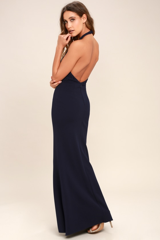 Navy Blue Dress Halter Dress Maxi Dress Lace Dress Lulus