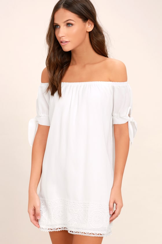 Cute White Dress - Off-the-Shoulder Dress - Lace Shift Dress