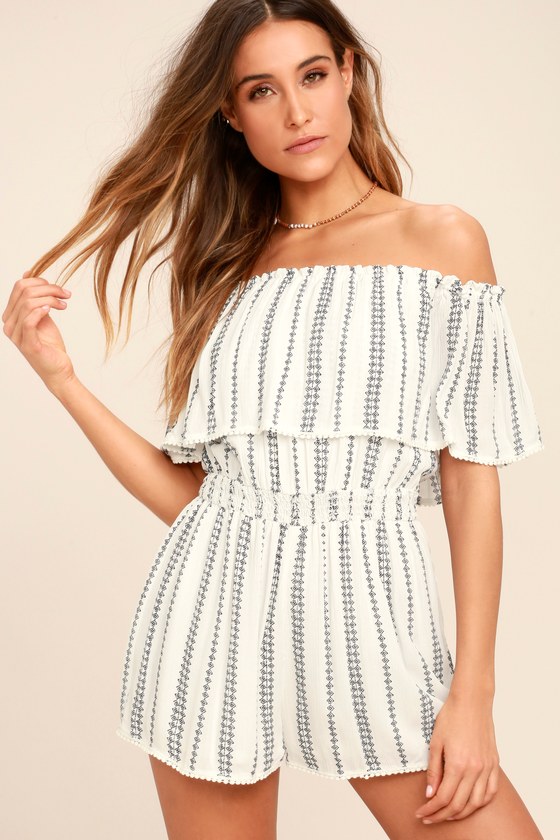 Boho Romper White Print Romper Off The Shoulder Romper Lulus