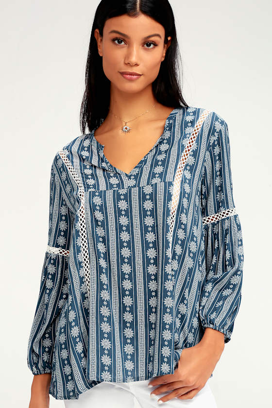 Boho Denim Blue Print Top - Long Sleeve Top - Peasant Top - Lulus