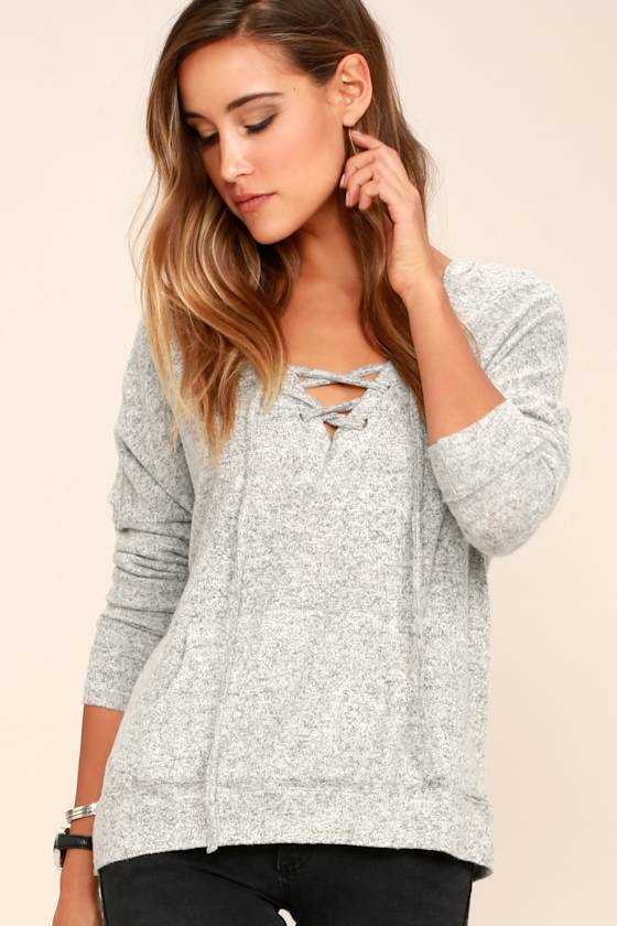 Cozy Heather Grey Hoodie - Lace-Up Hoodie - Hooded Sweater - Lulus