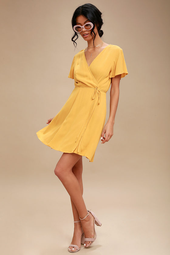 Cute Mustard Yellow Dress Wrap Dress Short Sleeve Dress