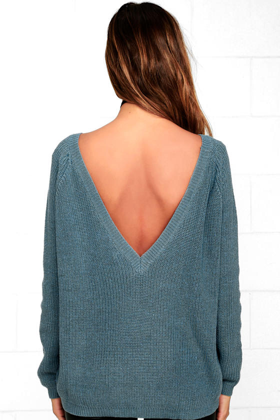 Slate Blue Sweater - Knit Top - Backless Sweater - V-Back Sweater - $39.00