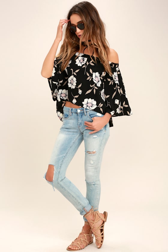Cute Black Floral Print Top - Off-the-Shoulder Top - Print Top - $39.00 ...