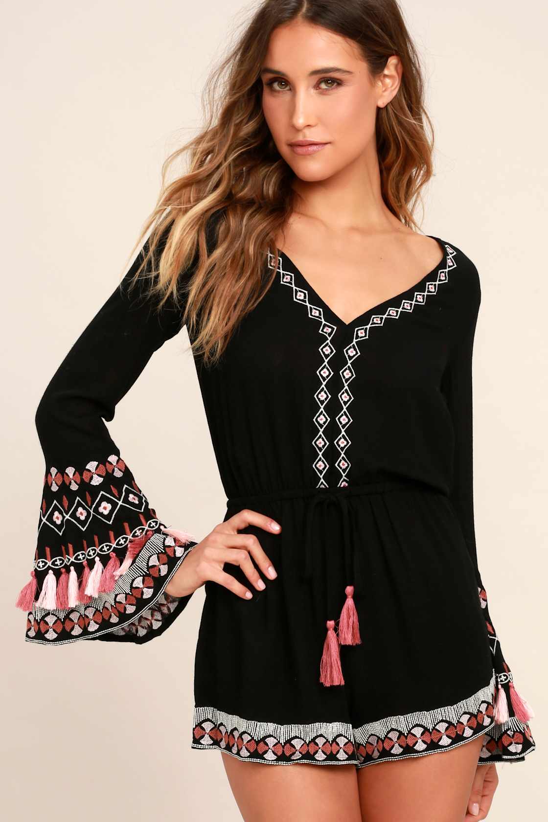 Boho Embroidered Romper - Black Romper - Bell Sleeve Romper - Lulus