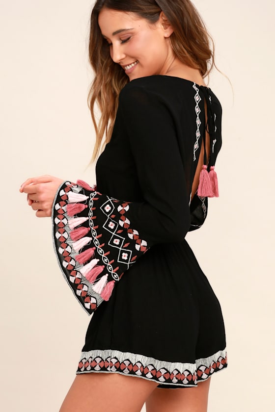 Boho Embroidered Romper - Black Romper - Bell Sleeve Romper