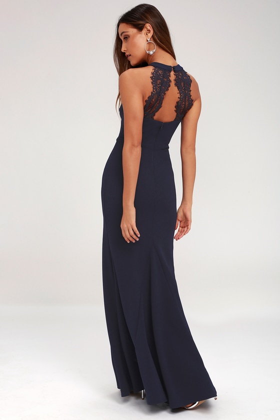 Lovely Navy Blue Dress Lace Maxi Dress Halter Dress
