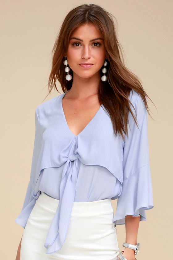 Cute Light Blue Top - Tie-Front Top - Flounce Sleeve Top - Lulus