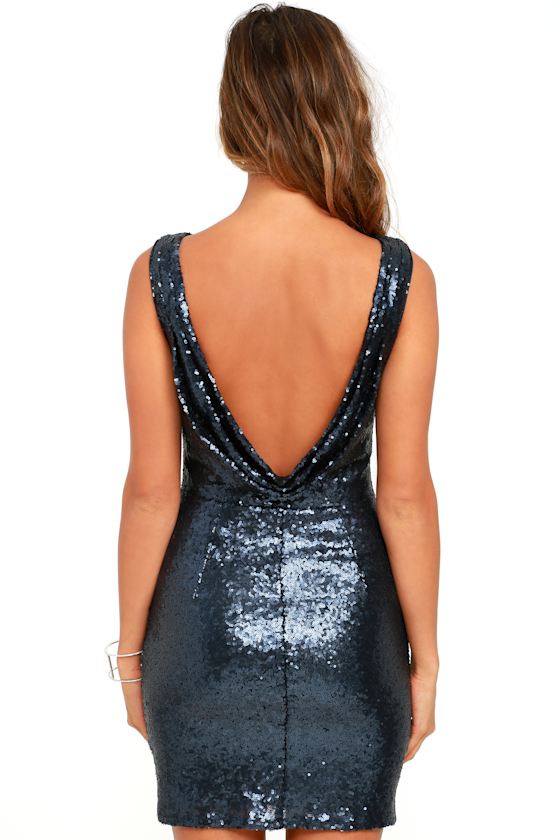 Sexy Sequin Dress - Navy Blue Dress - Bodycon Dress - Backless Dress ...