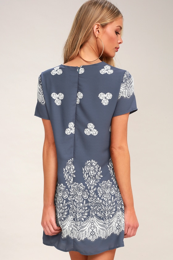 Slate Blue Dress Shift Dress Floral Print Dress