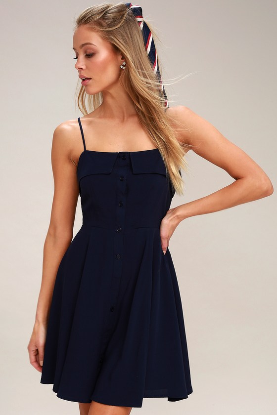 Cute Navy Blue Skater Dress Button Front Skater Dress Lulus