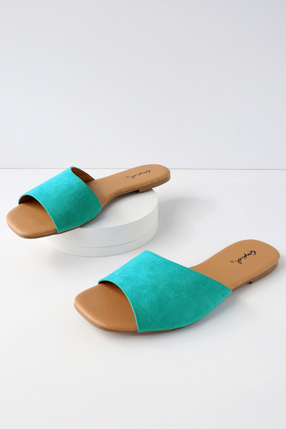Cute Teal Sandals - Slide Sandals - Vegan Suede Sandals - Lulus