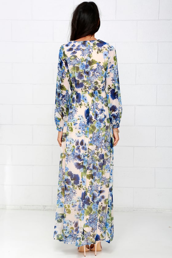 Lovely Blue Floral Print Dress - Maxi Dress - Long Sleeve Dress - $78.00