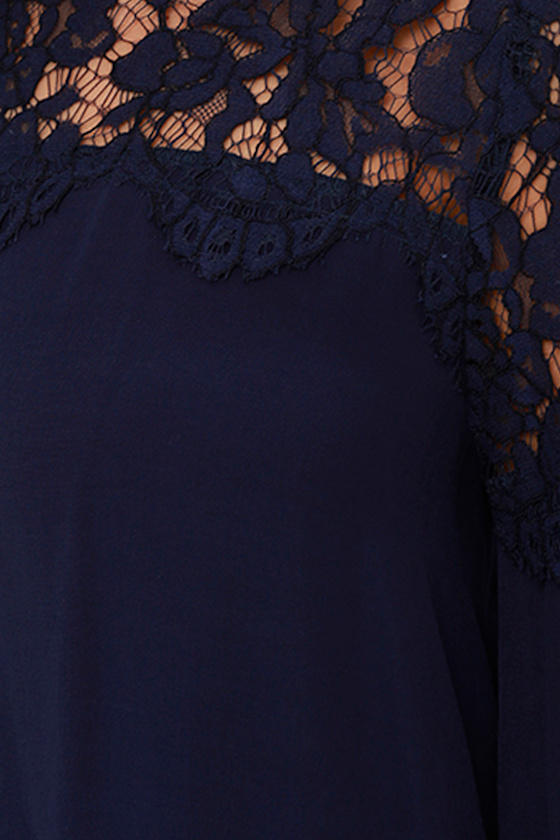 Lace Top - Navy Blue Shirt - Long Sleeve Top - Navy Blouse