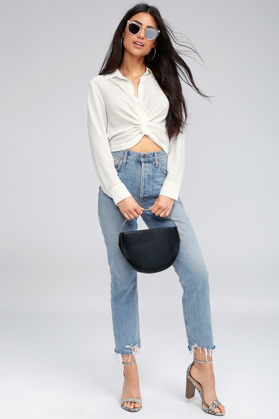 Chic White Top Button Up Crop Top Long Sleeve Top Lulus