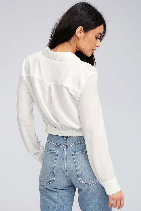 Chic White Top Button Up Crop Top Long Sleeve Top