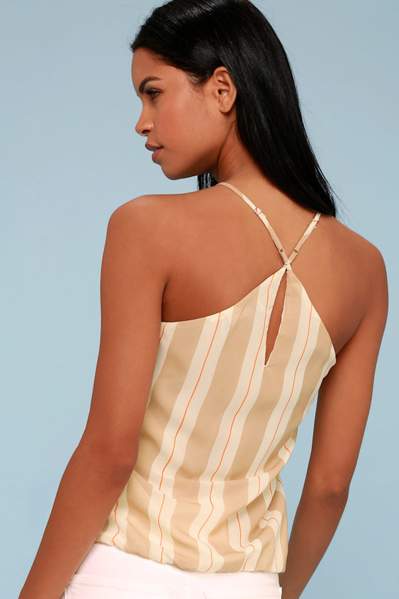 Cute Striped Top - Tan Top - Surplice Top - Sleeveless Top