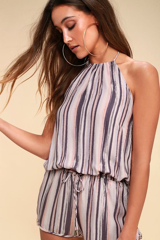 Cute Blush Print Romper - Halter Romper - Striped Romper - Lulus