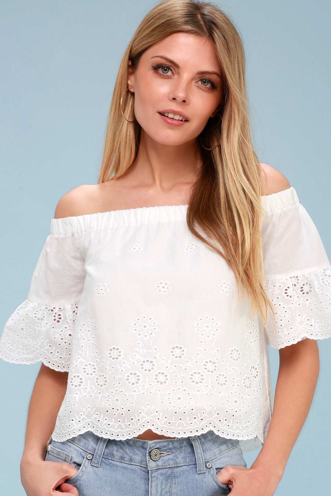 Cute White Top Eyelet Top Ots Top Embroidered Top Lulus