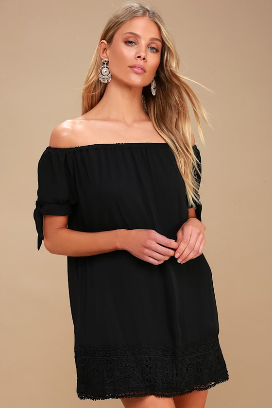Cute Black Dress - Off-the-Shoulder Dress - Lace Shift Dress - Lulus