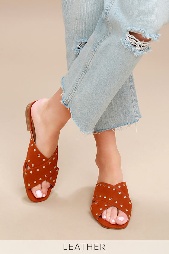 Chelsea Crew Olympia - Orange Suede Studded Slide Sandals - Lulus