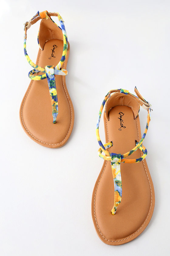 Cute Blue Multi Print Sandals - Ankle Strap Sandals - Lulus