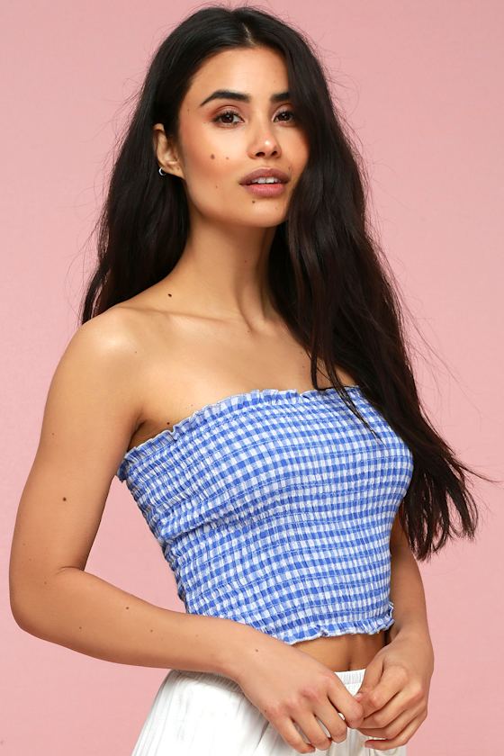 Light Blue Gingham Tube Top - Gingham Strapless Crop Top - Lulus