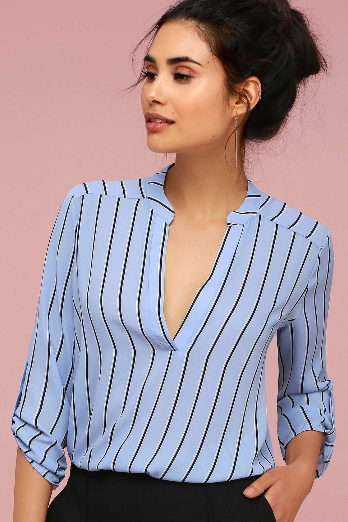 Lush Light Blue Top - Striped Top - V-Neck Top - Lulus