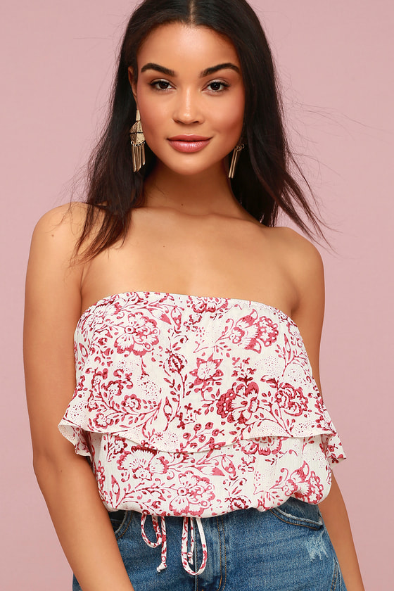 Boho Burgundy Floral Print Top Strapless Top Crop Top Lulus