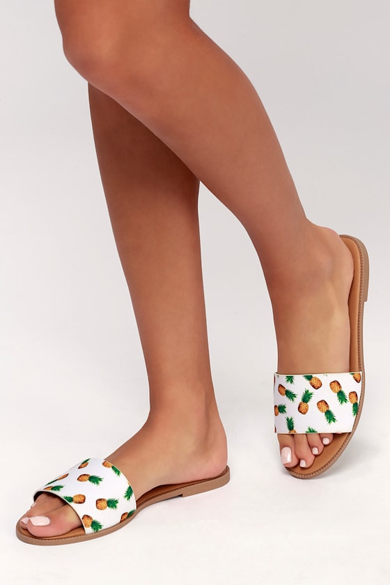 Cute Pineapple Print Slides - Slide Sandals - White Slides - Lulus
