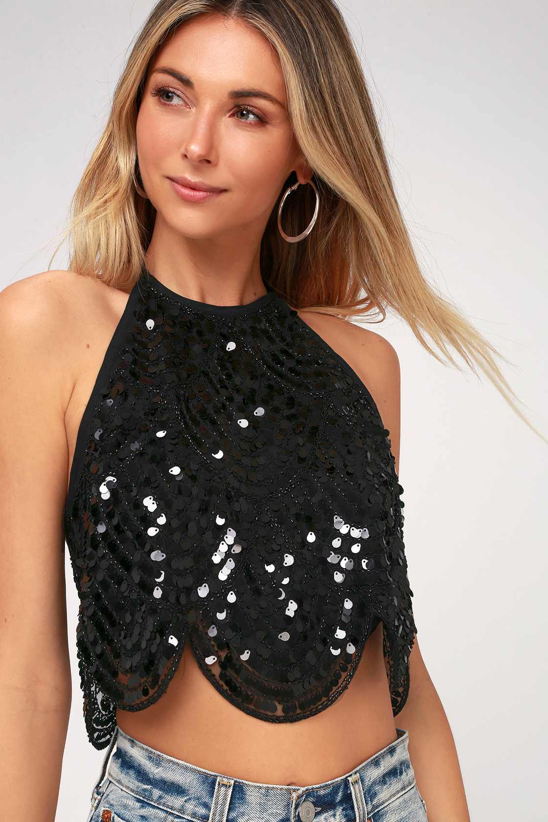 Sexy Halter Top - Backless Top - Sequins Top - Black Top - Lulus