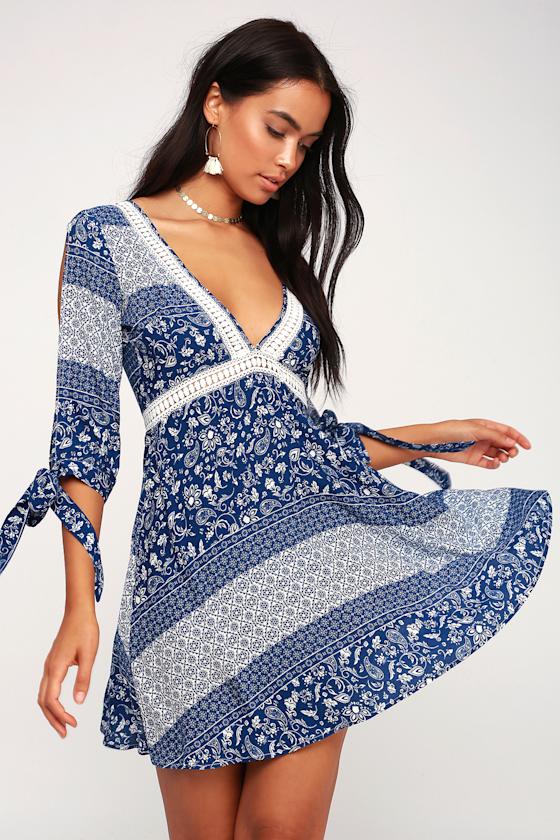 Boho Blue and White Print Dress - Crochet Lace Dress - Lulus