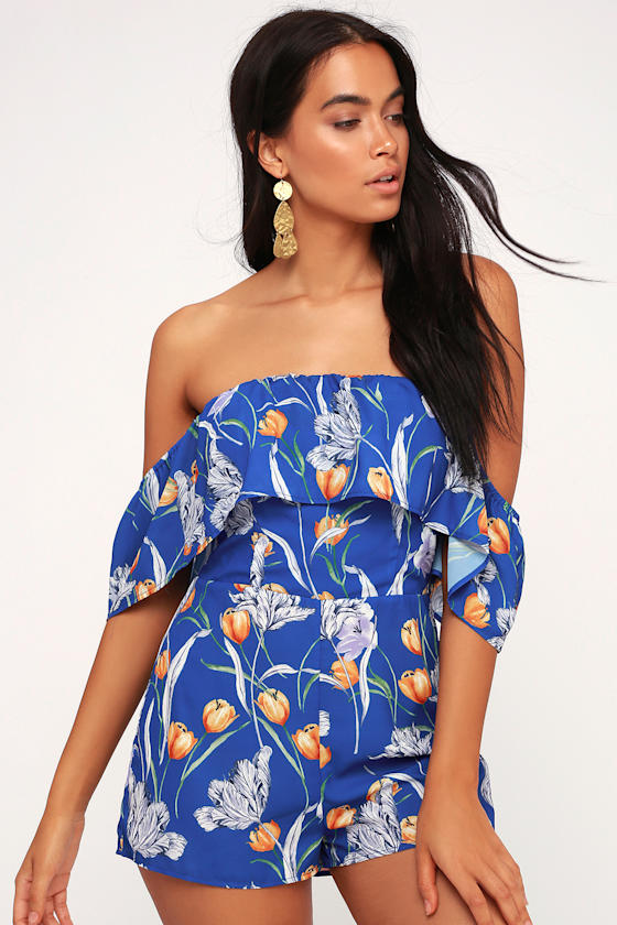 Floral Romper - Royal Blue Romper - Off-the-Shoulder Romper - Lulus