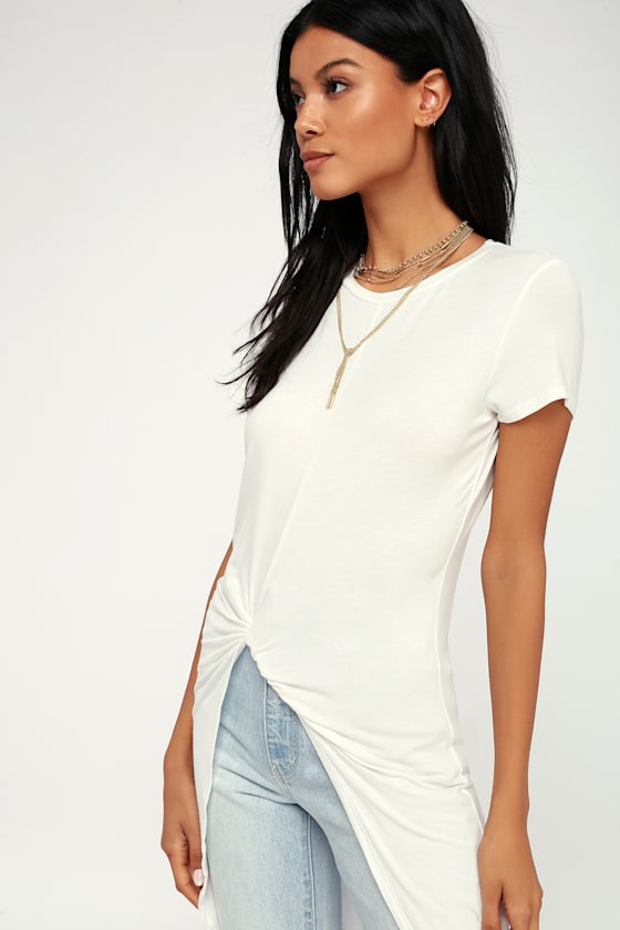 Trendy Tee - High-Low Tee - Knotted Tee - White Tee - Lulus