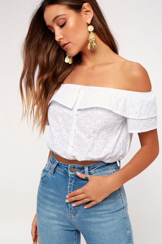 Cute White Eyelet Top Off The Shoulder Top Ots Crop Top Lulus
