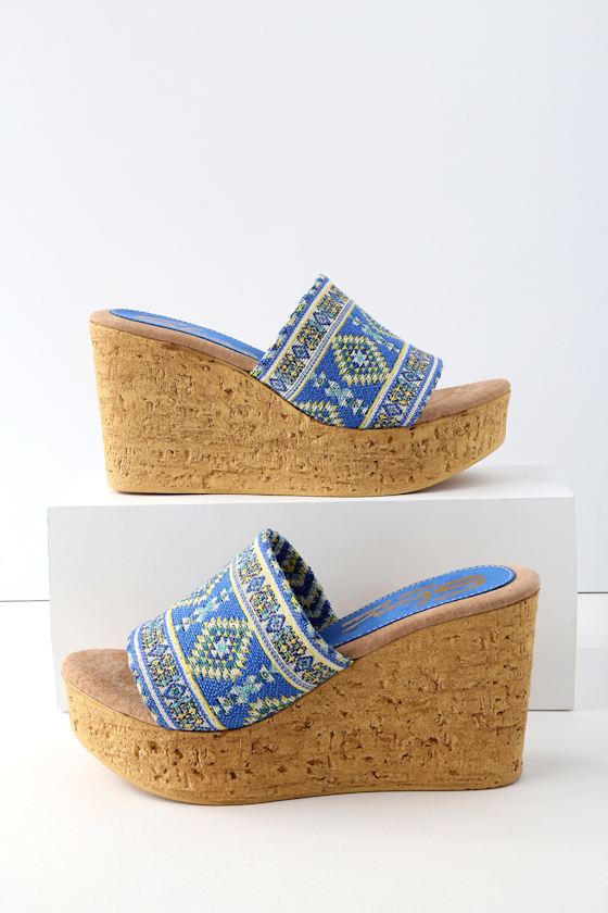 Sbicca Salice - Blue Multi Wedge Sandals - Cork Wedges - Lulus