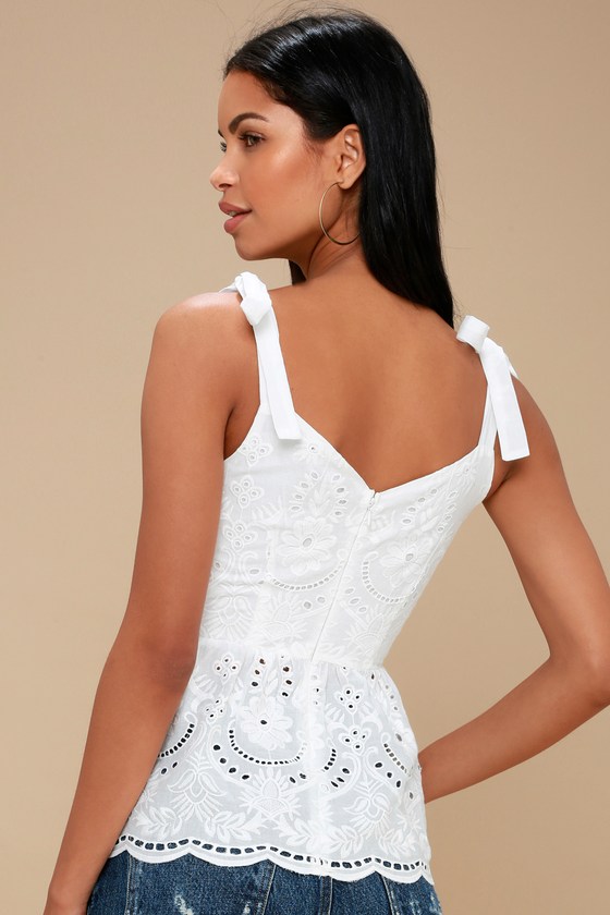 Lovely White Eyelet Top Tie Strap Top Eyelet Peplum Top Lulus