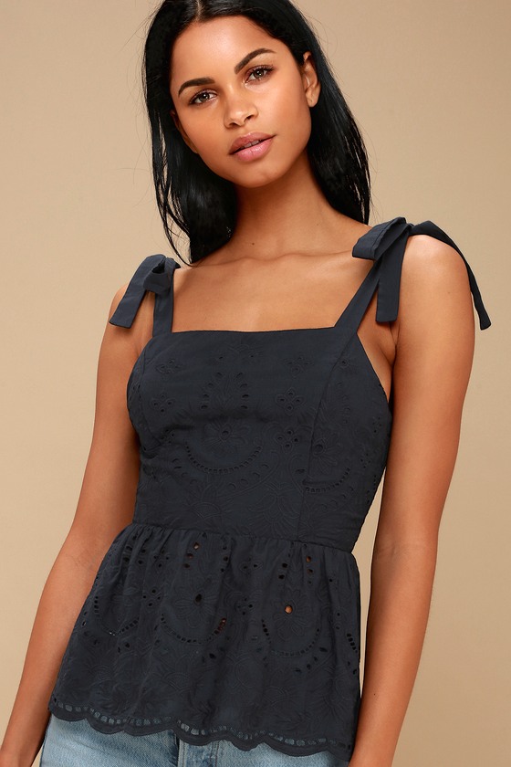 Midnight Blue Eyelet Top Tie Strap Top Eyelet Peplum Top Lulus