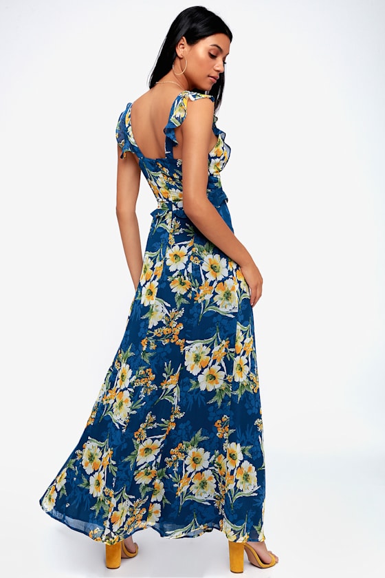 Elegant Navy Blue Dress - Floral Print Dress - Maxi Dress - Lulus