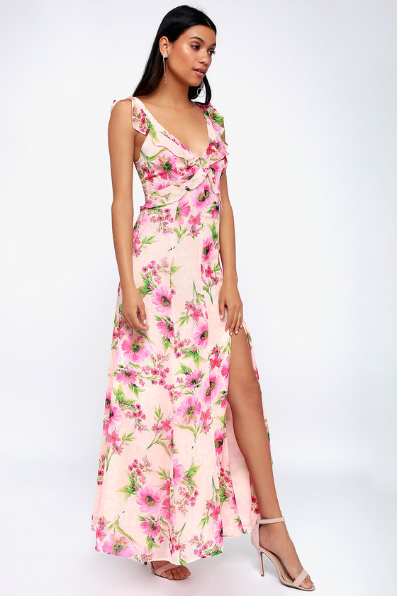 Elegant Blush Pink Dress Floral Print Dress Maxi Dress Lulus