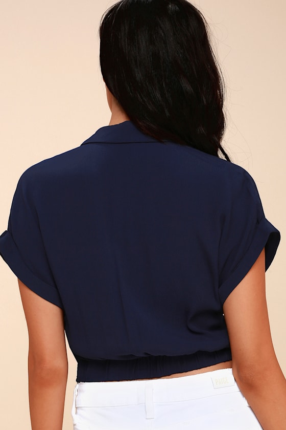 Navy Blue Top - Crop Top - Button-Up Top - Short Sleeve Top - Lulus
