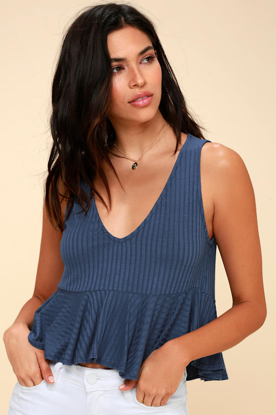 Denim Blue Ribbed Top - V-Neck Top - Ruffled Crop Top - Lulus