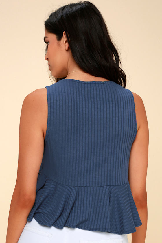 Denim Blue Ribbed Top - V-Neck Top - Ruffled Crop Top - Lulus