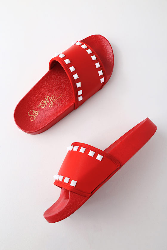 Cool Slide Sandals - Studded Slides - Red Slides - Lulus