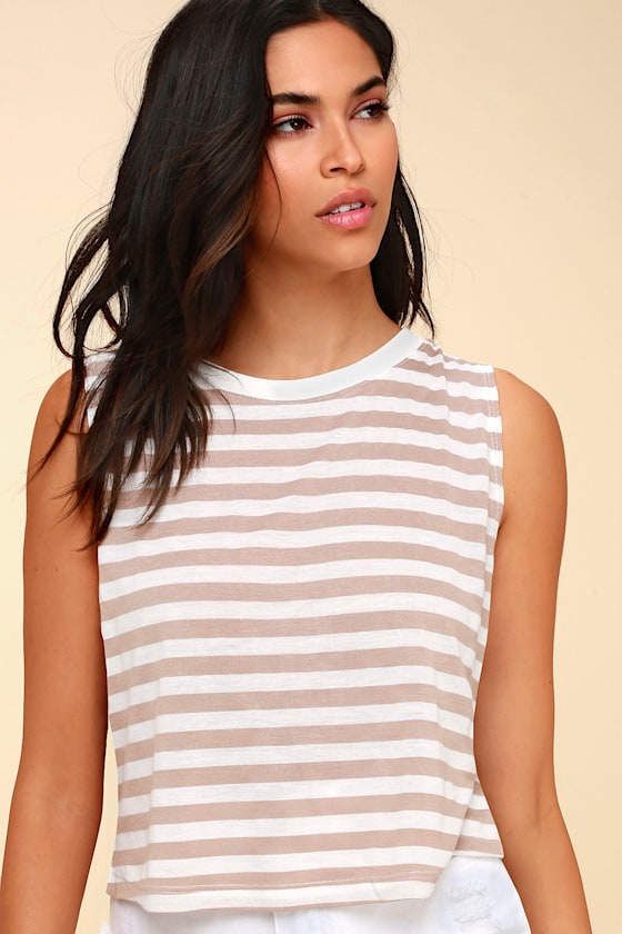 Cute Beige Striped Tee - Muscle Tee - Cropped Tee - Lulus