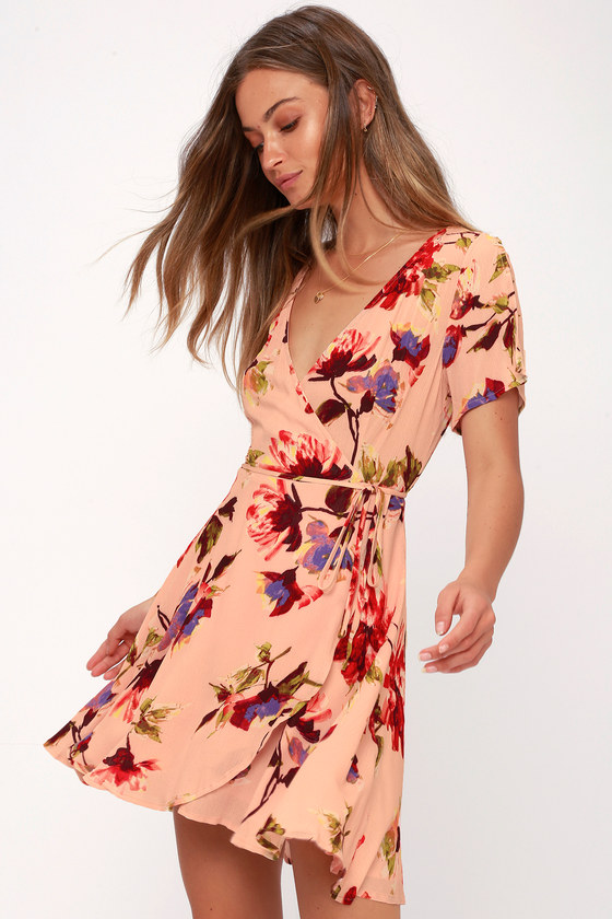 Cute Blush Pink Dress Floral Print Dress Wrap Dress Lulus