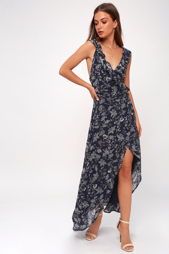 Bb Dakota Kelli Navy Blue Floral Print High Low Wrap Dress Lulus