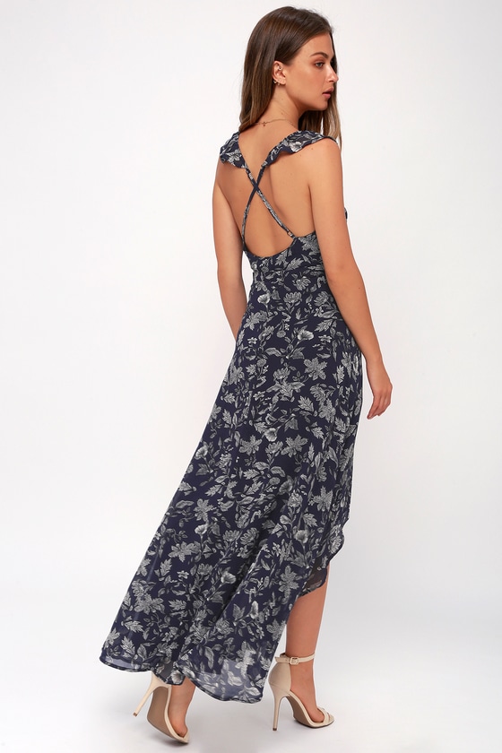 Bb Dakota Kelli Navy Blue Floral Print High Low Wrap Dress Lulus